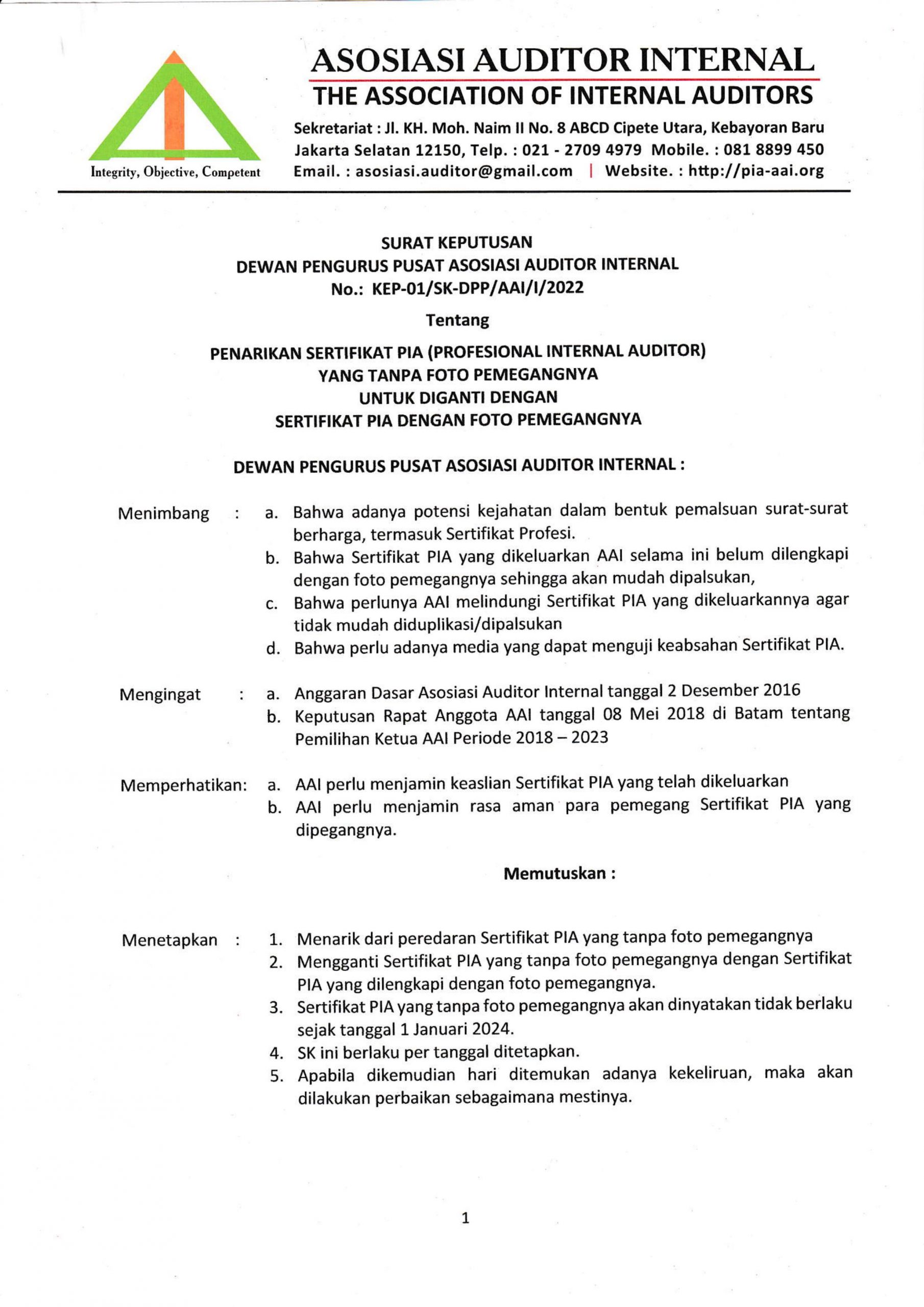 SK DPP Penarikan Sertifikat PIA Tanpa Foto Diganti dgn Digital Foto ...